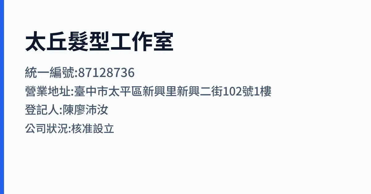 太丘髮型工作室 - 統編 87128736（臺中市） 公司登記資料與營業項目詳細圖表