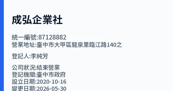 成弘企業社的照片-統編 87128882(臺中市) 公司登記資料與營業項目詳細圖表