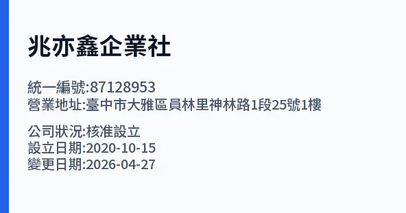 兆亦鑫企業社的照片-統編 87128953(臺中市) 公司登記資料與營業項目詳細圖表
