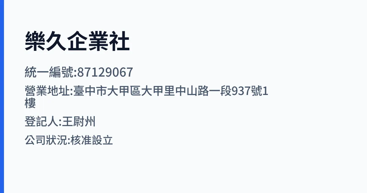樂久企業社 - 統編 87129067(臺中市) 公司登記資料與營業項目詳細圖表