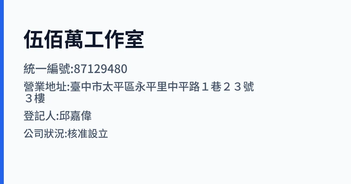 伍佰萬工作室 - 統編 87129480(臺中市) 公司登記資料與營業項目詳細圖表