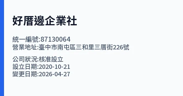 好厝邊企業社的照片-統編 87130064(臺中市) 公司登記資料與營業項目詳細圖表
