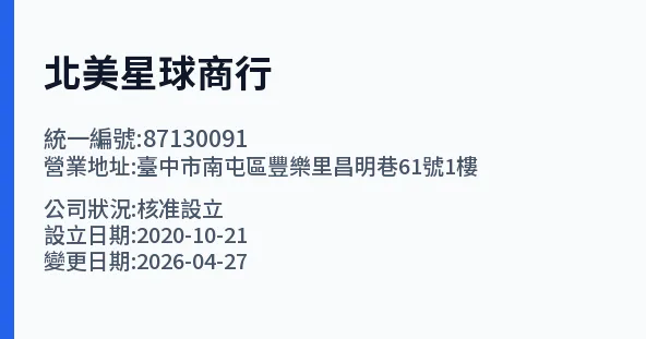 北美星球商行的照片-統編 87130091(臺中市) 公司登記資料與營業項目詳細圖表