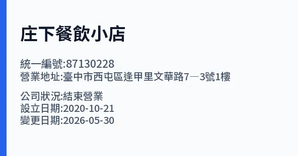 庄下餐飲小店的照片-統編 87130228(臺中市) 公司登記資料與營業項目詳細圖表