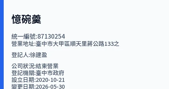 憶碗羹的照片-統編 87130254(臺中市) 公司登記資料與營業項目詳細圖表