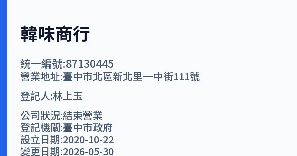 韓味商行的照片-統編 87130445(臺中市) 公司登記資料與營業項目詳細圖表
