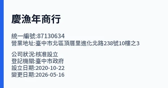 慶漁年商行的照片-統編 87130634(臺中市) 公司登記資料與營業項目詳細圖表