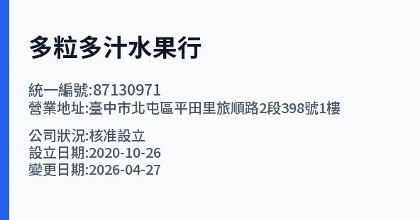多粒多汁水果行的照片-統編 87130971(臺中市) 公司登記資料與營業項目詳細圖表
