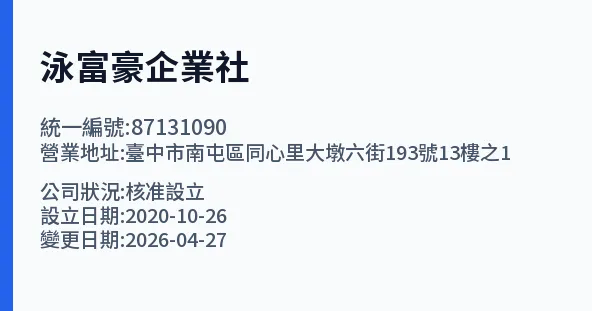 泳富豪企業社的照片-統編 87131090(臺中市) 公司登記資料與營業項目詳細圖表