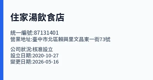 住家湯飲食店的照片-統編 87131401(臺中市) 公司登記資料與營業項目詳細圖表