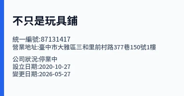 不只是玩具鋪的照片-統編 87131417(臺中市) 公司登記資料與營業項目詳細圖表