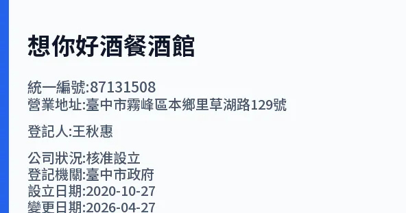 想你好酒餐酒館的照片-統編 87131508(臺中市) 公司登記資料與營業項目詳細圖表