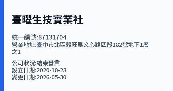 臺曜生技實業社的照片-統編 87131704(臺中市) 公司登記資料與營業項目詳細圖表