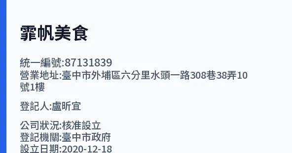 霏帆美食的照片-統編 87131839(臺中市) 公司登記資料與營業項目詳細圖表