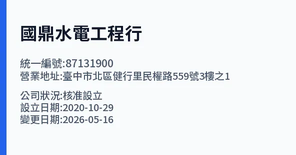 國鼎水電工程行的照片-統編 87131900(臺中市) 公司登記資料與營業項目詳細圖表