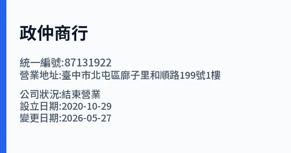 政仲商行的照片-統編 87131922(臺中市) 公司登記資料與營業項目詳細圖表