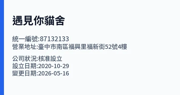 遇見你貓舍的照片-統編 87132133(臺中市) 公司登記資料與營業項目詳細圖表