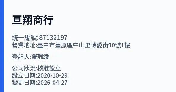 亘翔商行的照片-統編 87132197(臺中市) 公司登記資料與營業項目詳細圖表
