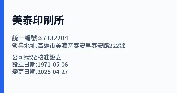 美泰印刷所的照片-統編 87132204(高雄市) 公司登記資料與營業項目詳細圖表