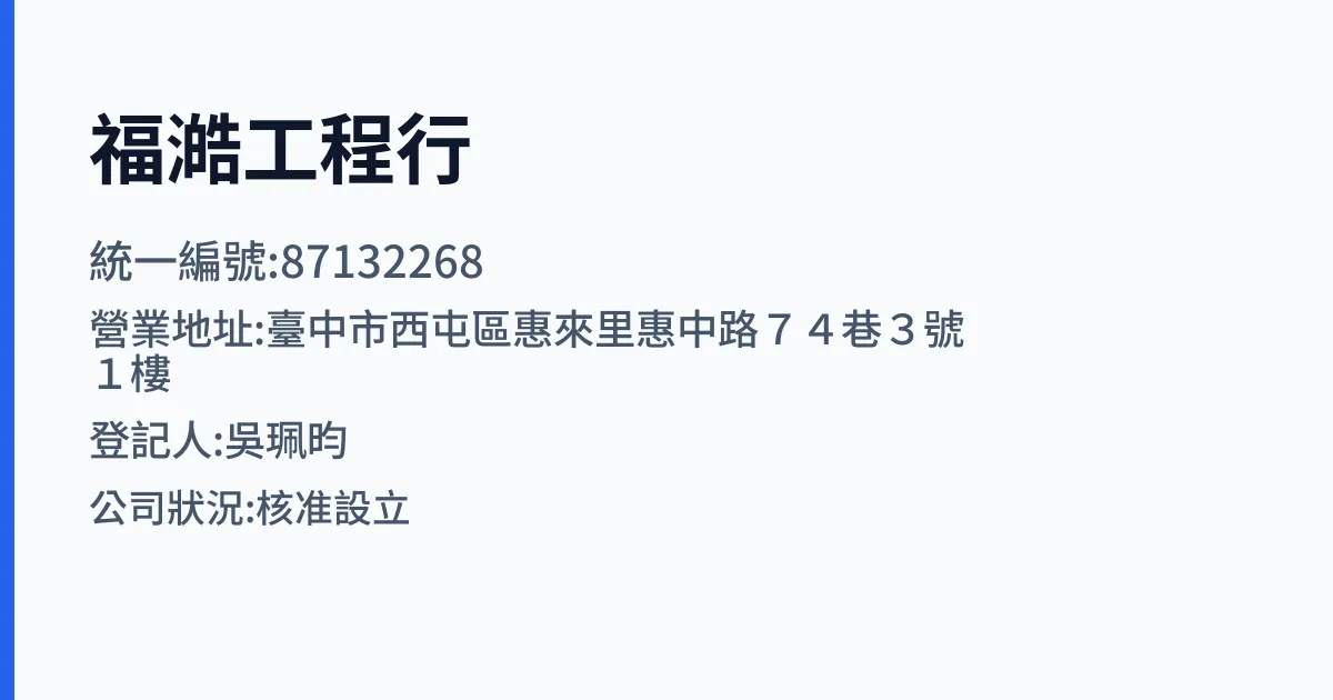 福澔工程行 - 統編 87132268(臺中市) 公司登記資料與營業項目詳細圖表
