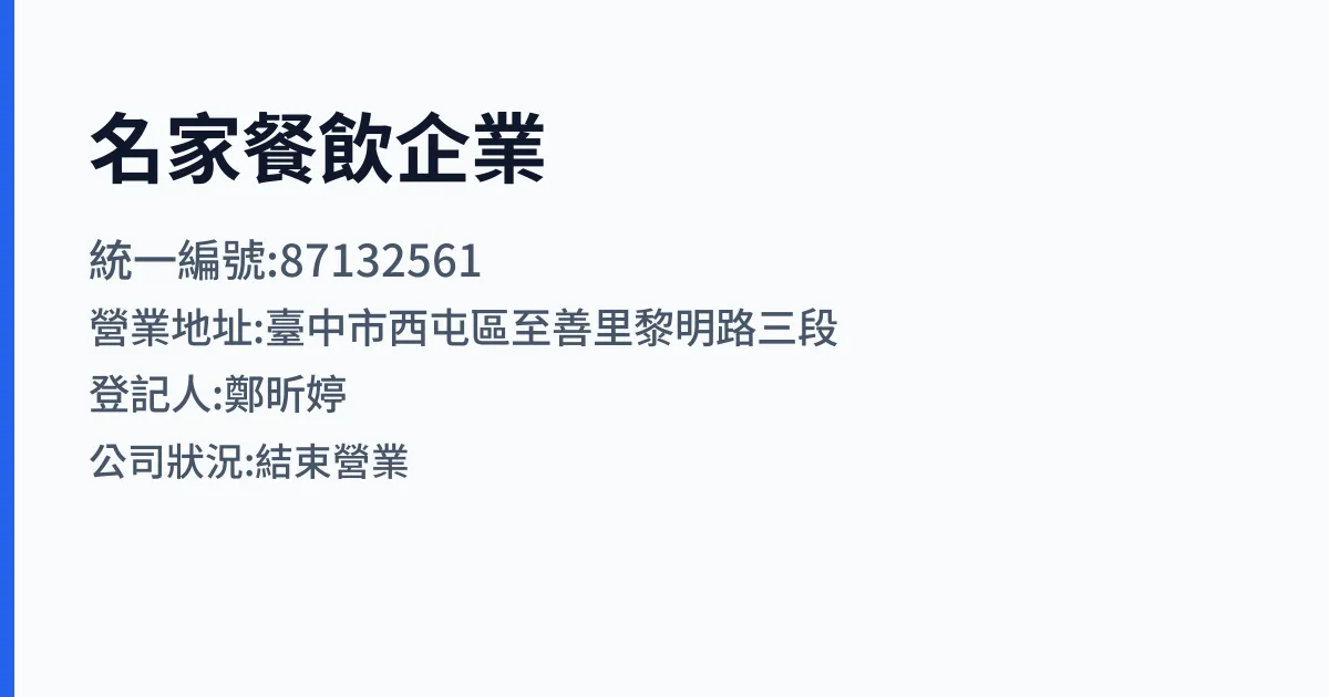 名家餐飲企業 - 統編 87132561(臺中市) 公司登記資料與營業項目詳細圖表