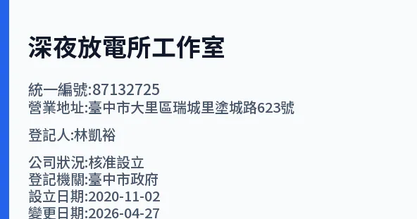 深夜放電所工作室的照片-統編 87132725(臺中市) 公司登記資料與營業項目詳細圖表
