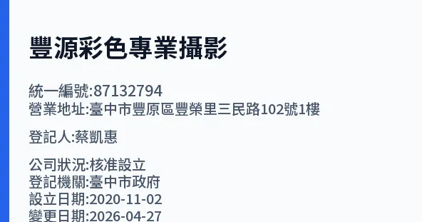 豐源彩色專業攝影的照片-統編 87132794(臺中市) 公司登記資料與營業項目詳細圖表