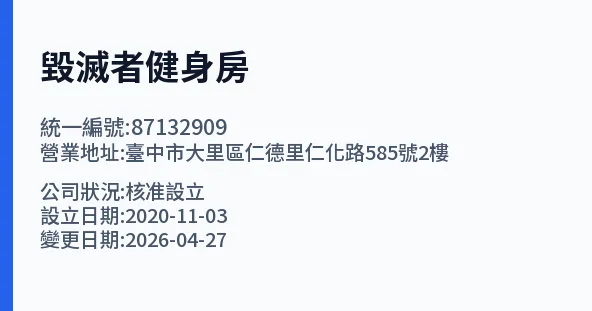 毀滅者健身房的照片-統編 87132909(臺中市) 公司登記資料與營業項目詳細圖表