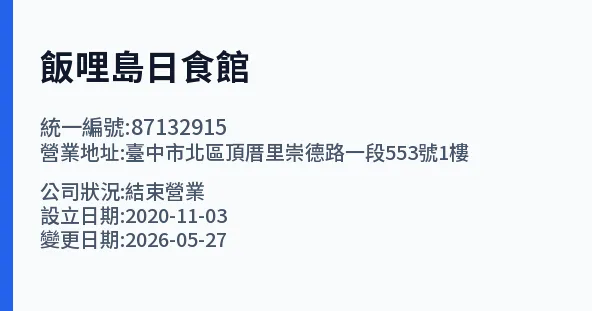飯哩島日食館的照片-統編 87132915(臺中市) 公司登記資料與營業項目詳細圖表