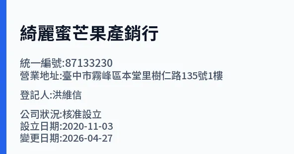 綺麗蜜芒果產銷行的照片-統編 87133230(臺中市) 公司登記資料與營業項目詳細圖表