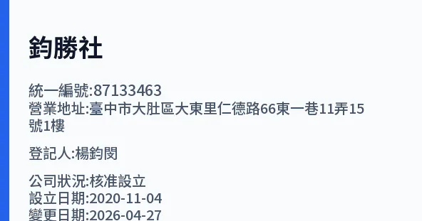鈞勝社的照片-統編 87133463(臺中市) 公司登記資料與營業項目詳細圖表