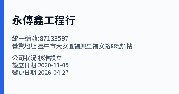 永傳鑫工程行的照片-統編 87133597(臺中市) 公司登記資料與營業項目詳細圖表