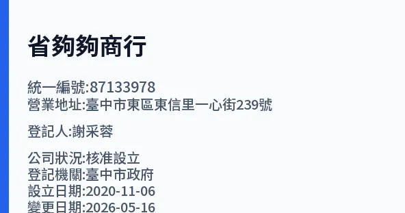 省夠夠商行的照片-統編 87133978(臺中市) 公司登記資料與營業項目詳細圖表