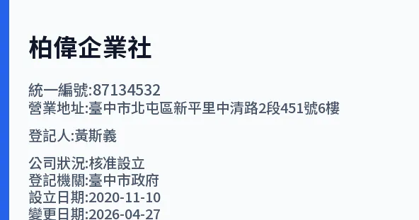 柏偉企業社的照片-統編 87134532(臺中市) 公司登記資料與營業項目詳細圖表