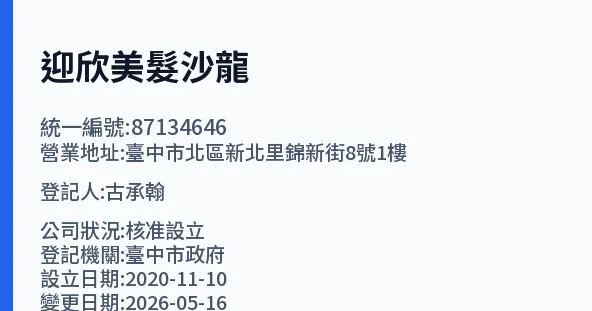 迎欣美髮沙龍的照片-統編 87134646(臺中市) 公司登記資料與營業項目詳細圖表