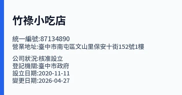 竹祿小吃店的照片-統編 87134890(臺中市) 公司登記資料與營業項目詳細圖表