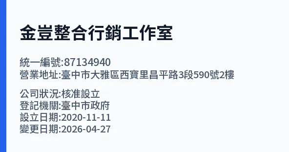 金豈整合行銷工作室的照片-統編 87134940(臺中市) 公司登記資料與營業項目詳細圖表