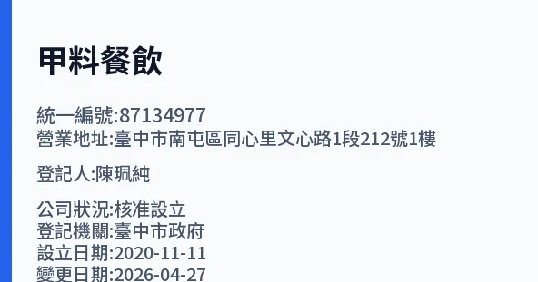 甲料餐飲的照片-統編 87134977(臺中市) 公司登記資料與營業項目詳細圖表