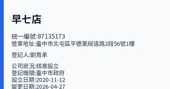 早七店的照片-統編 87135173(臺中市) 公司登記資料與營業項目詳細圖表