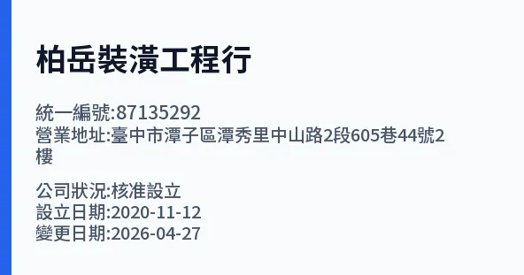 柏岳裝潢工程行的照片-統編 87135292(臺中市) 公司登記資料與營業項目詳細圖表