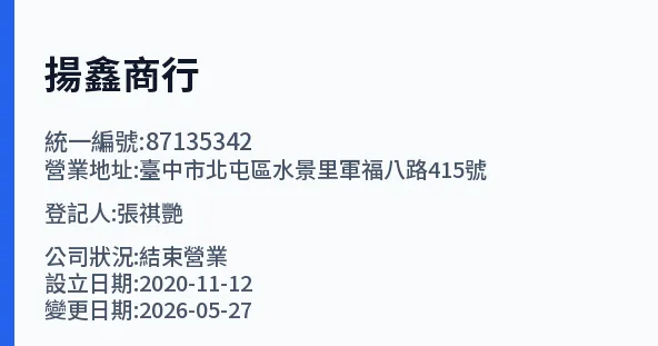 揚鑫商行的照片-統編 87135342(臺中市) 公司登記資料與營業項目詳細圖表