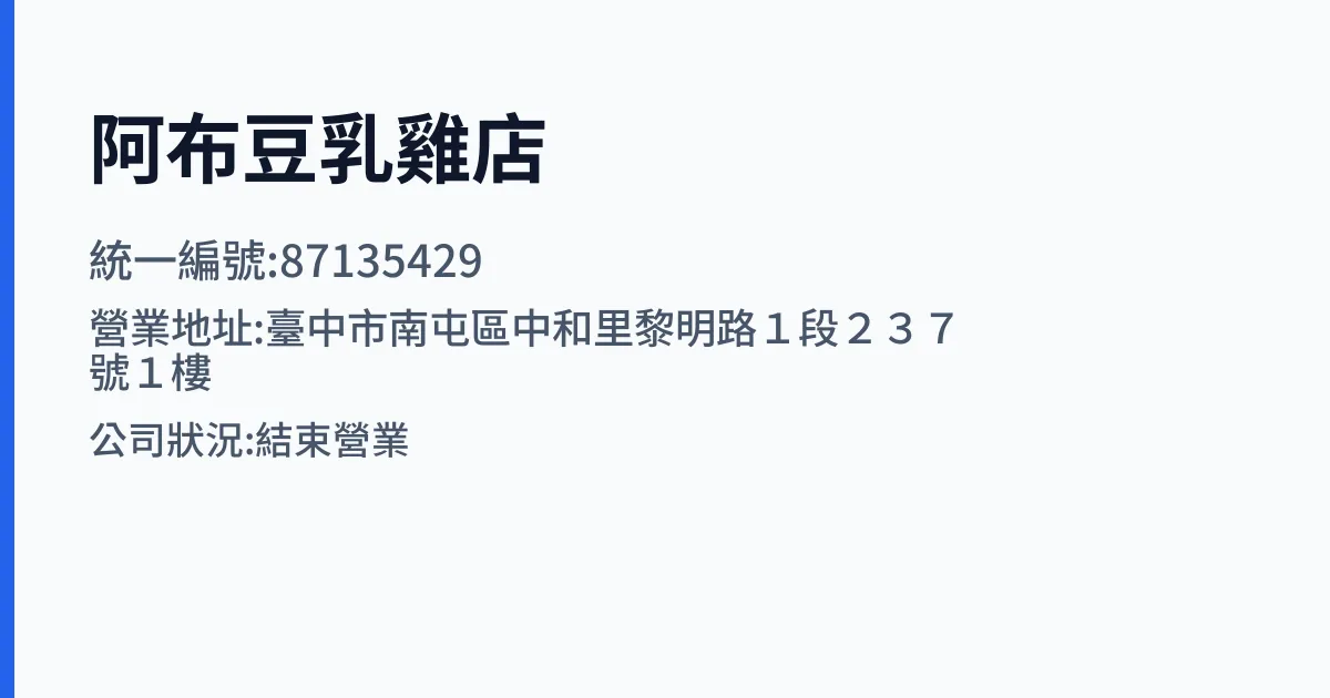 阿布豆乳雞店 - 統編 87135429(臺中市) 公司登記資料與營業項目詳細圖表