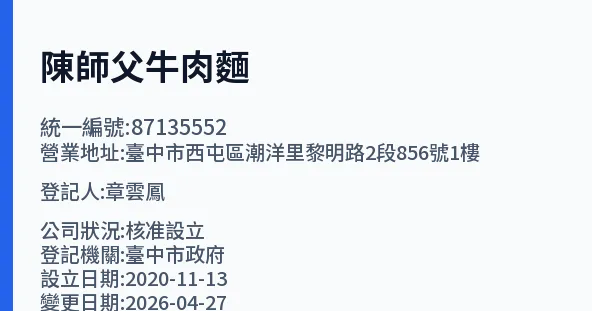 陳師父牛肉麵的照片-統編 87135552(臺中市) 公司登記資料與營業項目詳細圖表