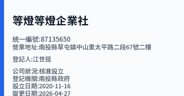 等燈等燈企業社的照片-統編 87135650(南投縣) 公司登記資料與營業項目詳細圖表