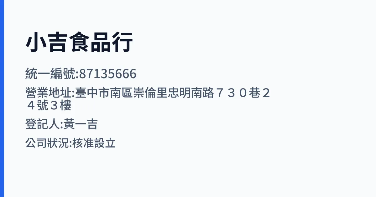 小吉食品行 - 統編 87135666(臺中市) 公司登記資料與營業項目詳細圖表