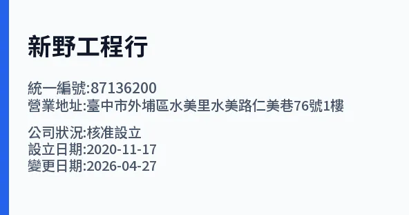 新野工程行的照片-統編 87136200(臺中市) 公司登記資料與營業項目詳細圖表