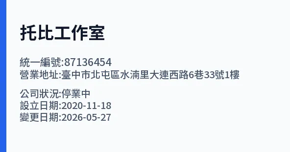 托比工作室的照片-統編 87136454(臺中市) 公司登記資料與營業項目詳細圖表