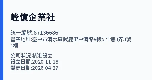 峰億企業社的照片-統編 87136686(臺中市) 公司登記資料與營業項目詳細圖表