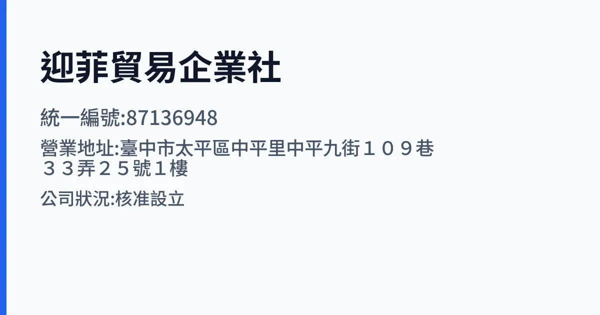 迎菲貿易企業社 - 統編 87136948(臺中市) 公司登記資料與營業項目詳細圖表