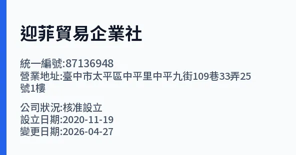 迎菲貿易企業社的照片-統編 87136948(臺中市) 公司登記資料與營業項目詳細圖表